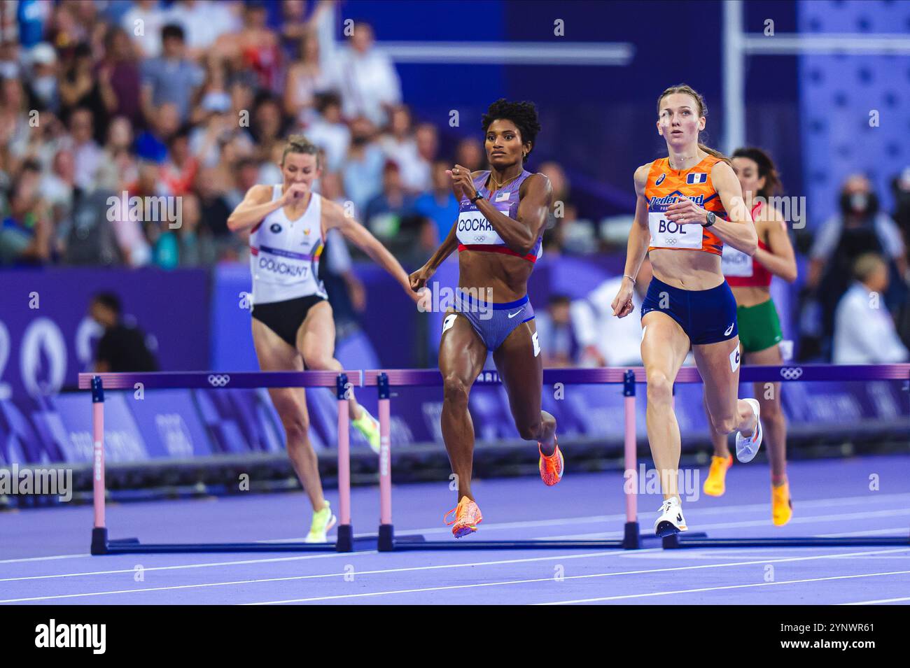 Femke Bol participating in the 400 meters hurdles at the Paris 2024 ...