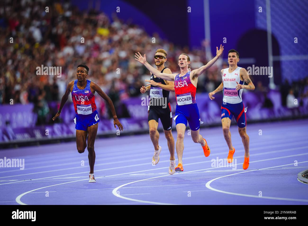 Cole Hocker winning in the 1500 meters at the Paris 2024 Olympic Games ...