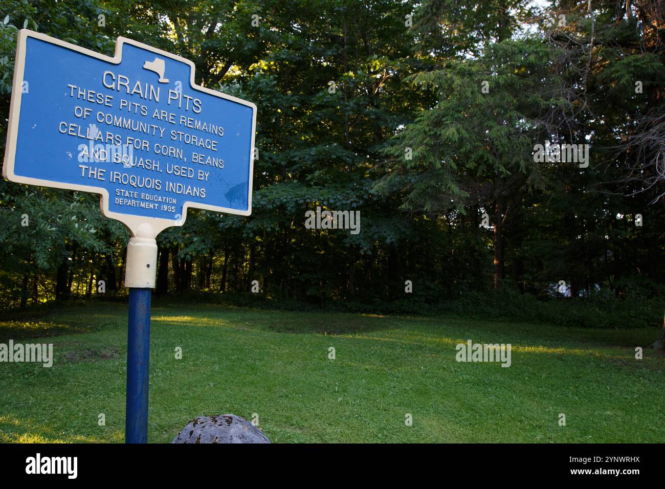 Blue Historical Marker in NY State telling about the grain pits used ...