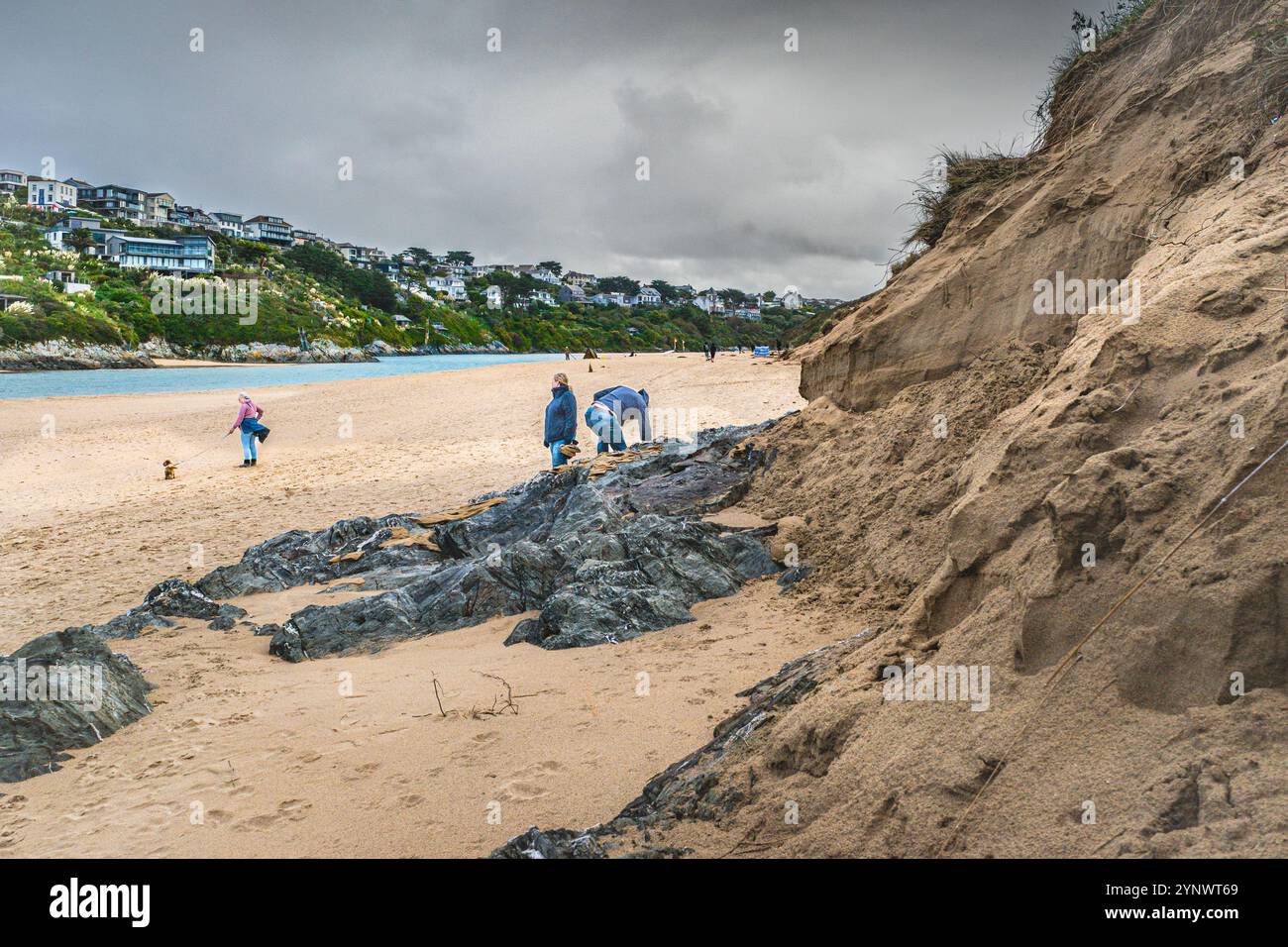 Rocks exposed by erosion of the sand dune system at Crantock Beach in ...