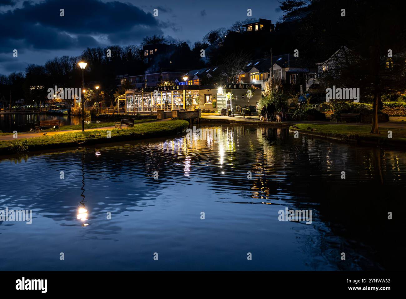 The Lakeside cafe restaurant lit up at night at Trenance Boating Lake ...