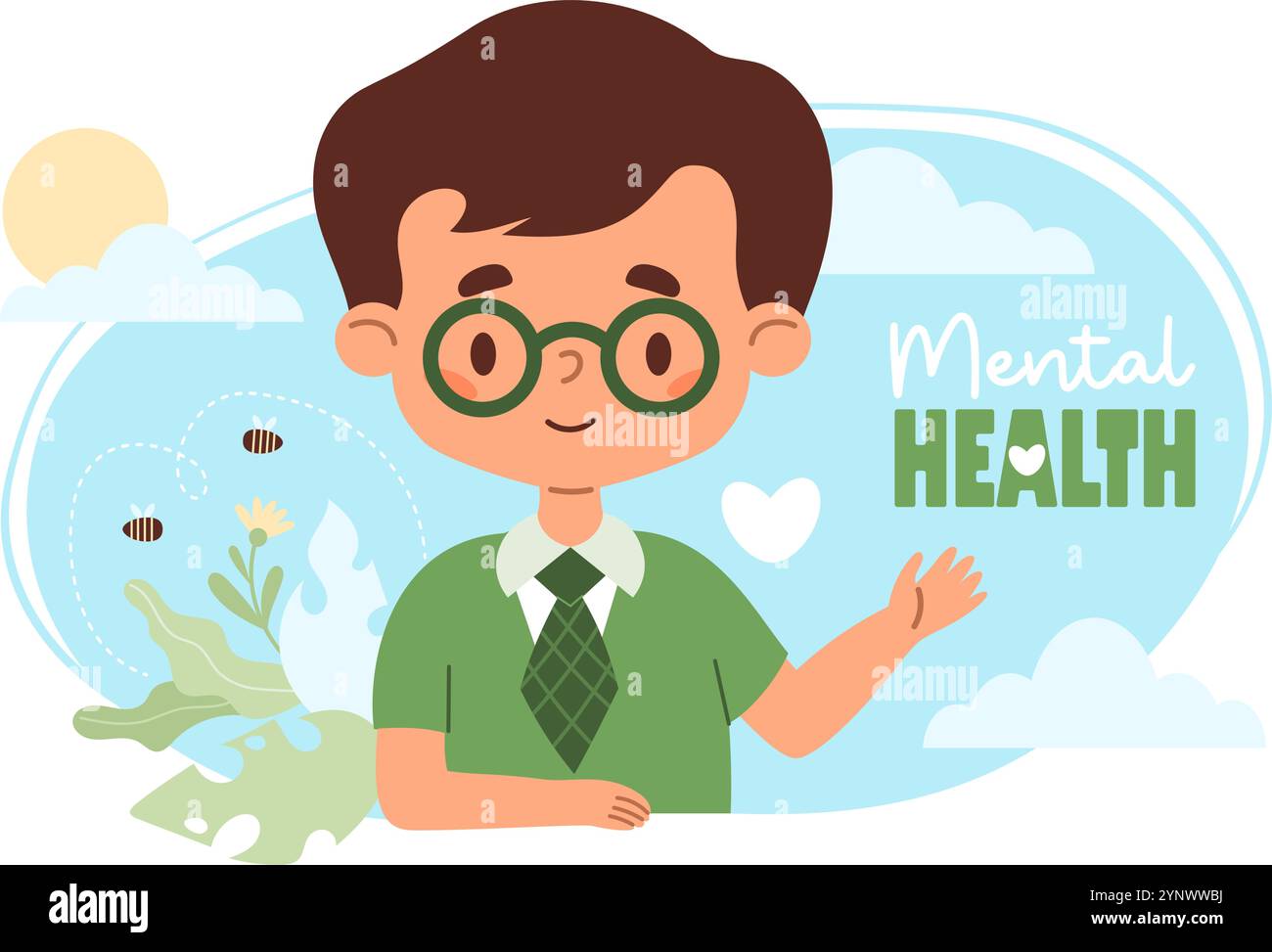 Mental Health Child Poster. Happy Cute Boy in glasses with clouds and ...