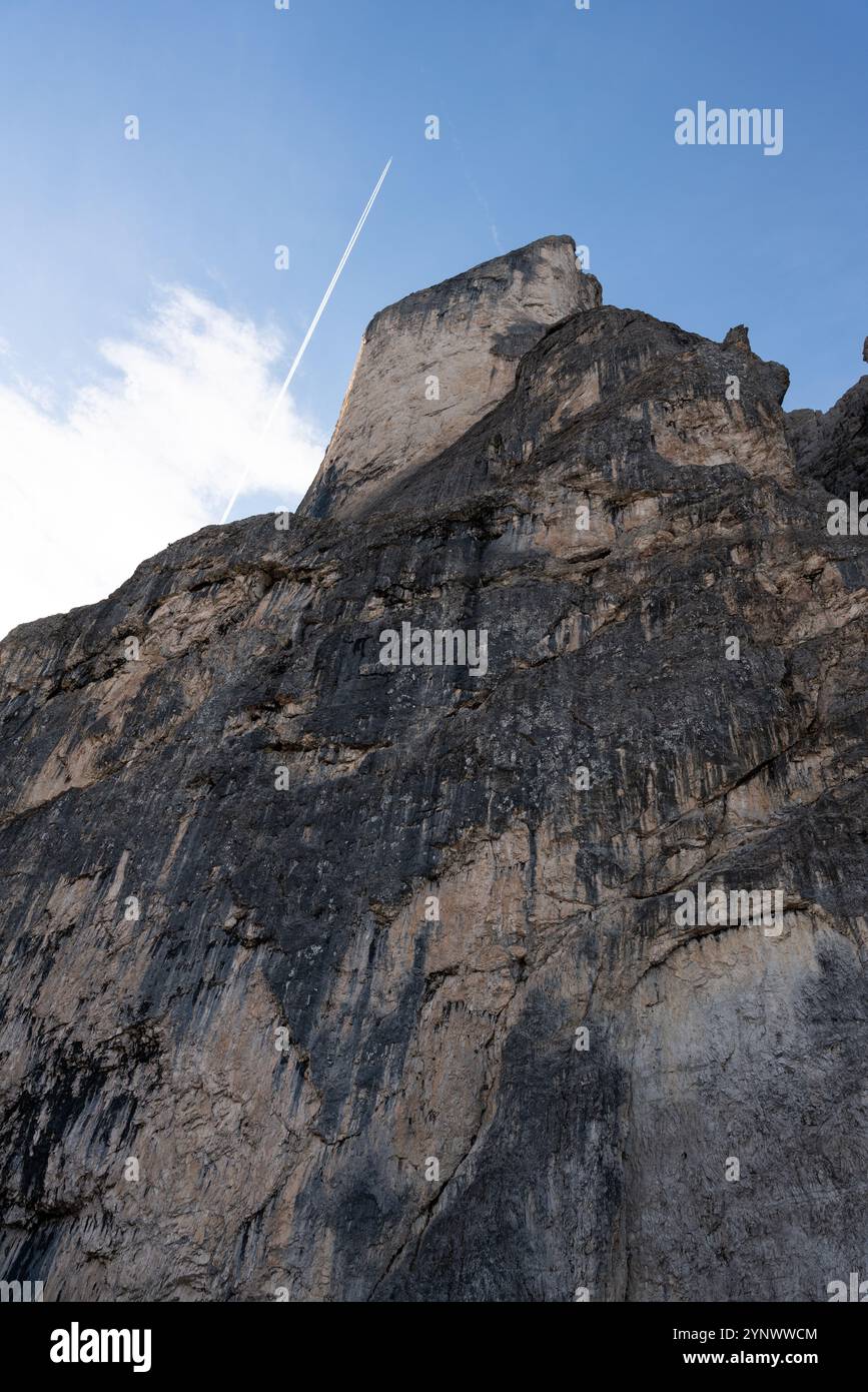 Towering grey limestone rock formation in the Dolomite mountains Stock ...