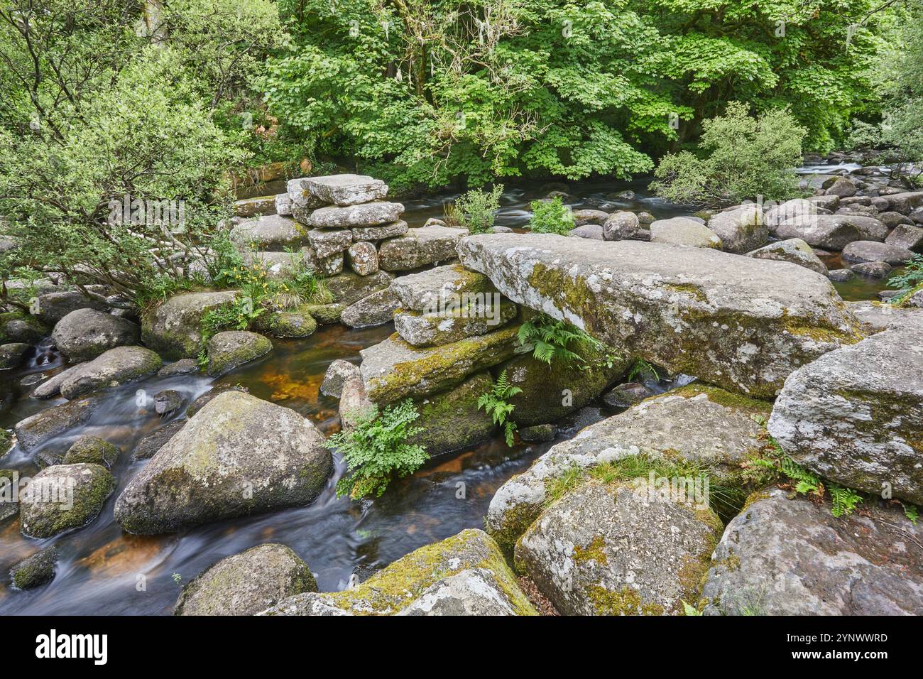 A prehistoric ruined stone clapper bridge across the River Dart, at ...