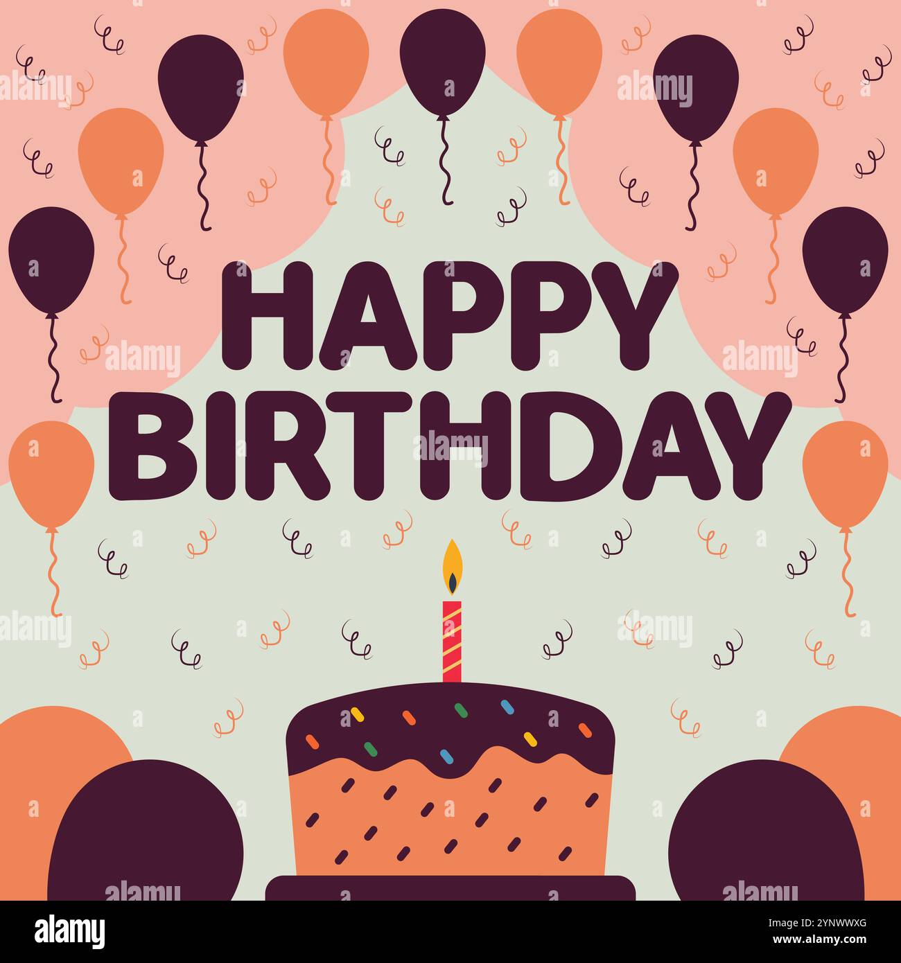 Happy birthday vector design with chocolate cake, balloons, confetti ...