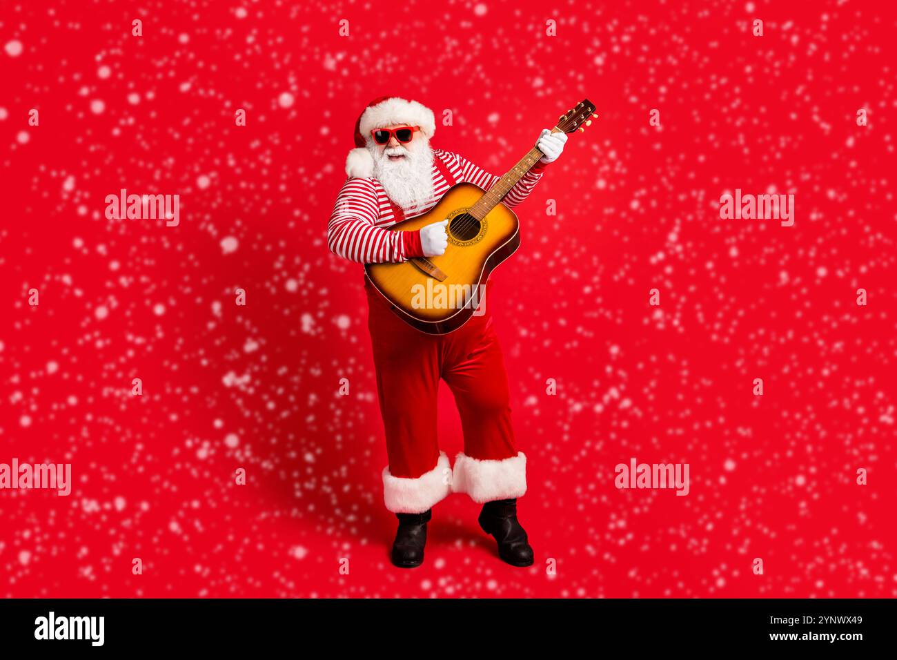 Full length body size view of his he handsome cheerful cheery fat Santa ...