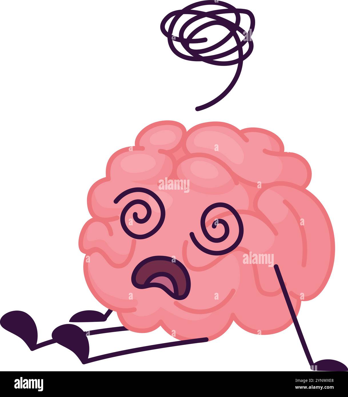 A cartoon brain is lying on its side, looking very tired and exhausted ...