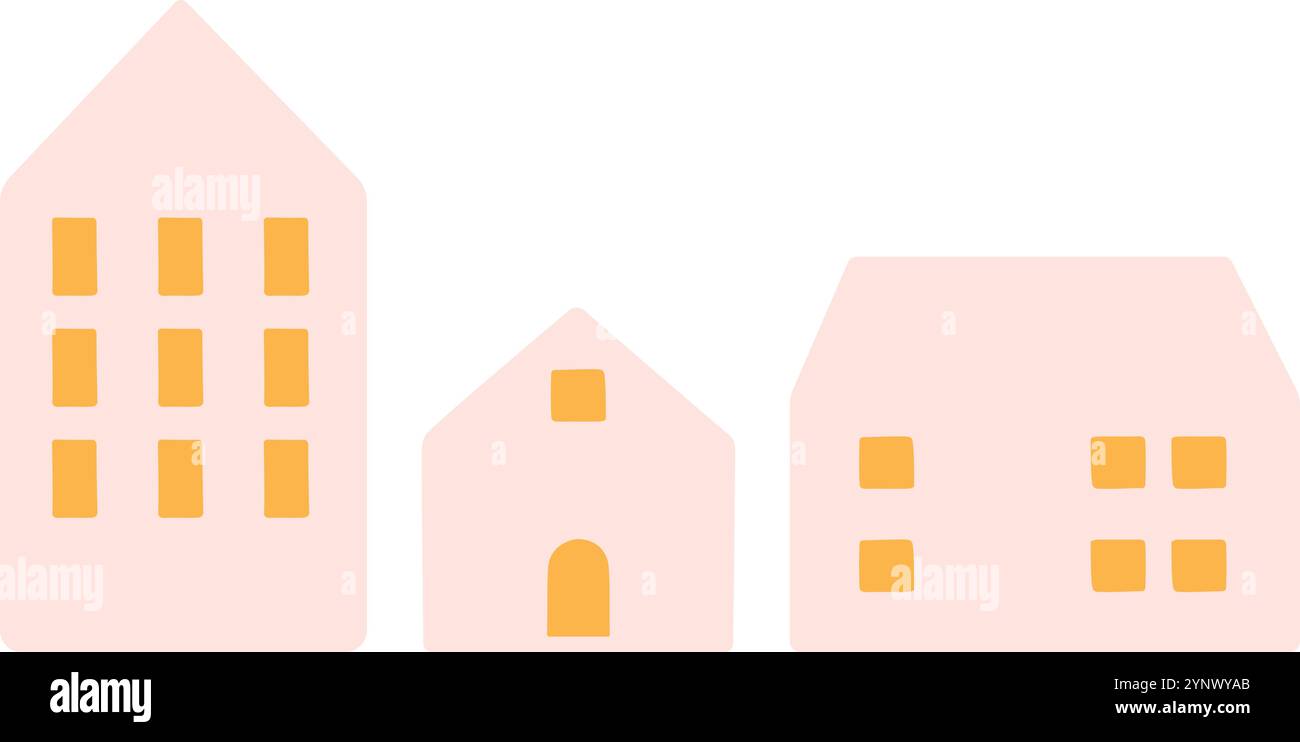 Three houses are shown in a row, with the middle one being the tallest ...