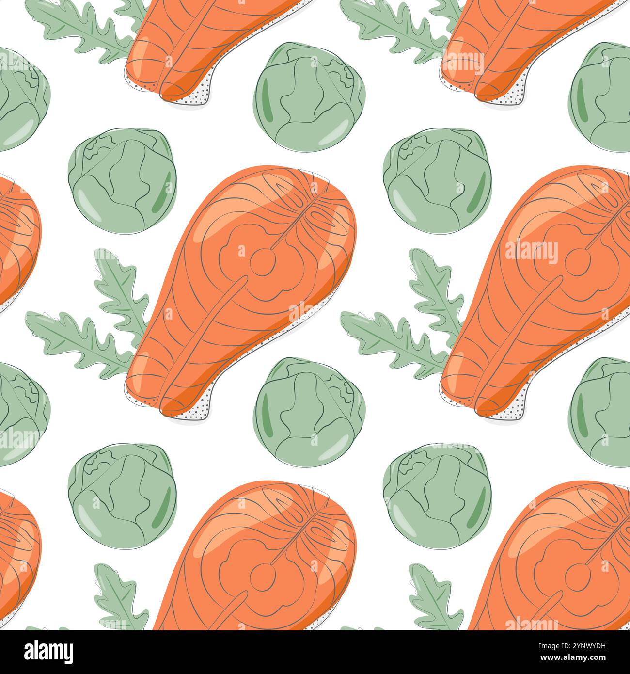 Salmon steaks, brussels sprout heads and arugula leaves Seamless ...