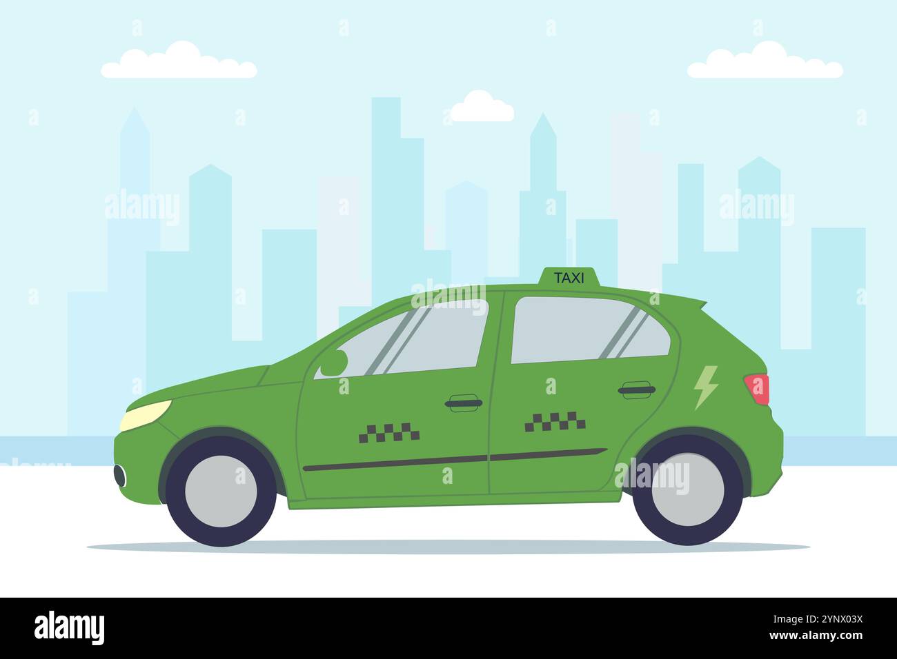 Green passenger electric taxi car on city road in flat style. Green ...
