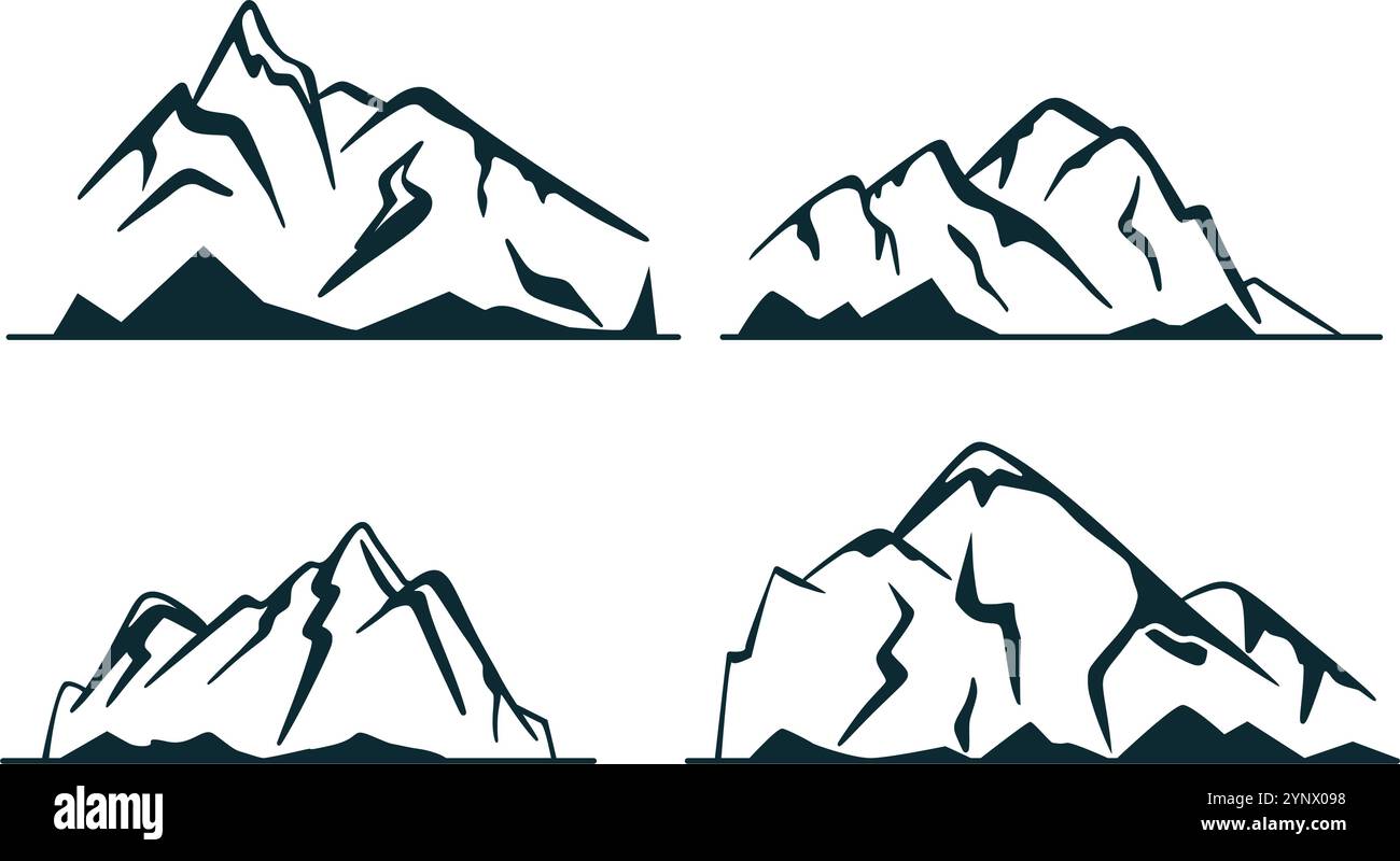 Set of ink silhouette mountain range. Hand drawn mountain rocky peaks ...