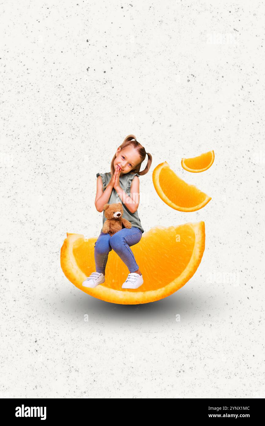 Vertical poster collage young small girl kid begging palms gesture ask ...