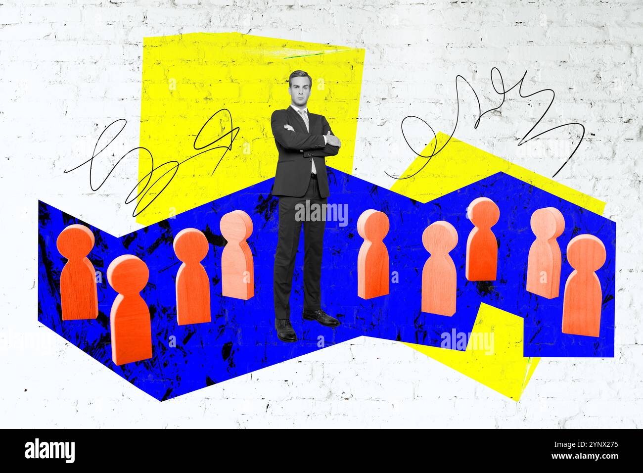 Composite photo collage of serious boss crossed hands wooden figurine ...