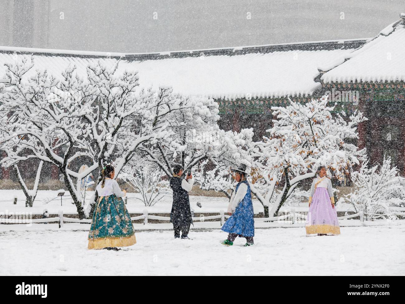 Seoul, South Korea. 27th Nov, 2024. Tourists wearing Hanbok, the ...