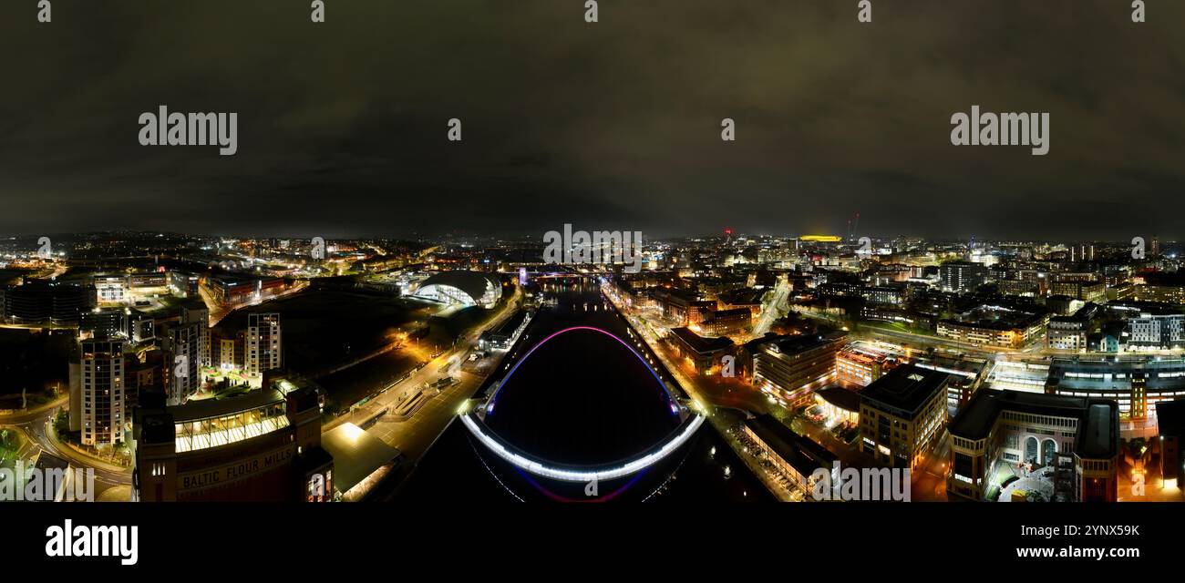 Newcastle & Tyne bridges at night lit up with city lights panorama ...