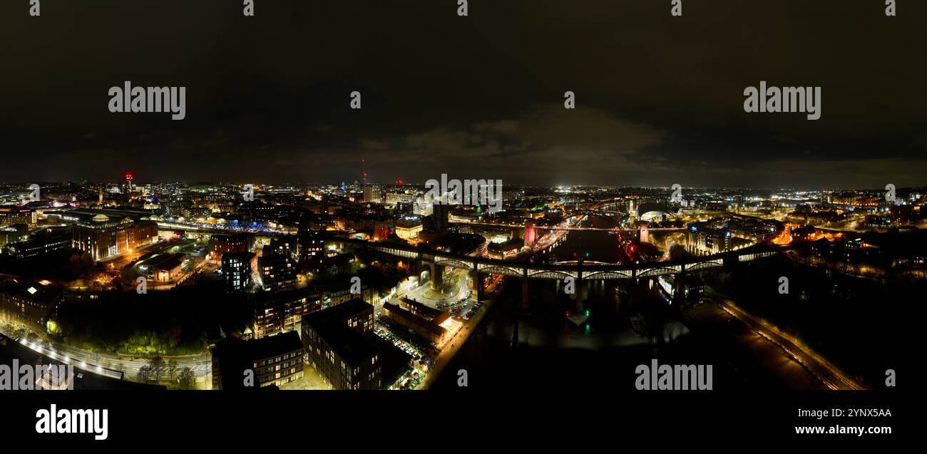 Newcastle & Tyne bridges at night lit up with city lights panorama ...