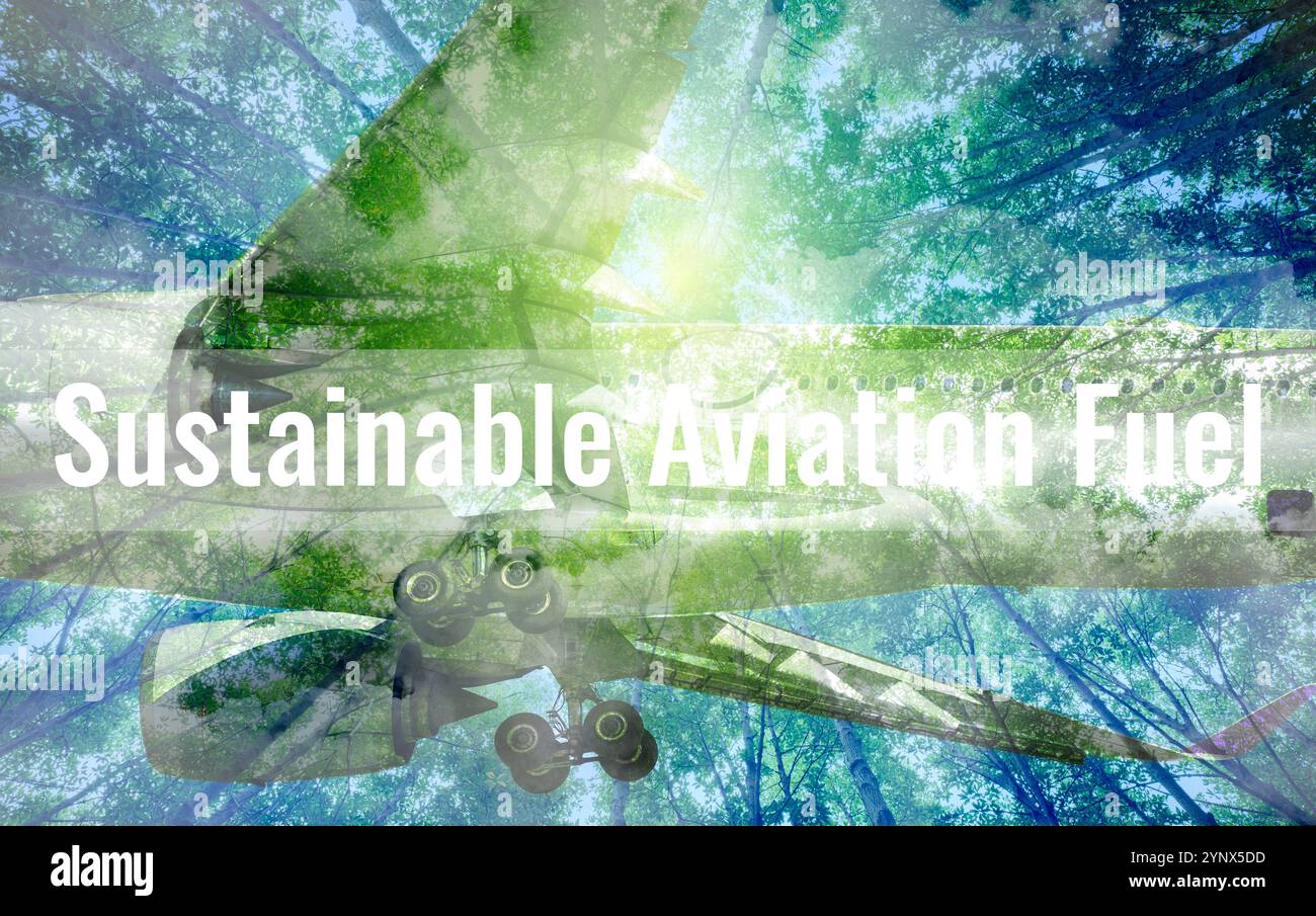 Sustainable aviation fuel concept. Net zero emissions flight. Sustainability transportation. Eco ...