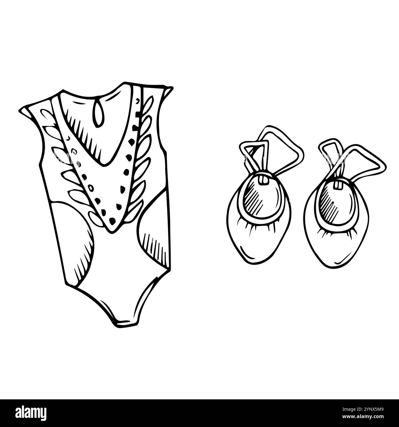 Vector doodle rhythmic gymnastics equipment set. Line art. Skipping ...