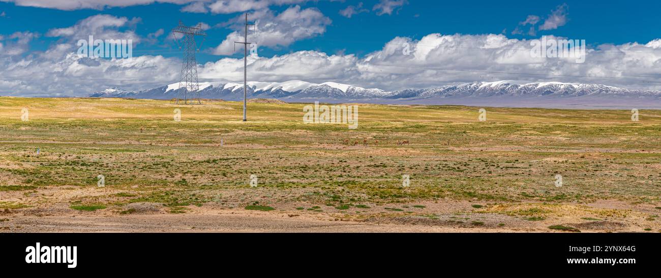 Panoramic view of snow capped mountain ranges and cloudscape of Kunlun ...