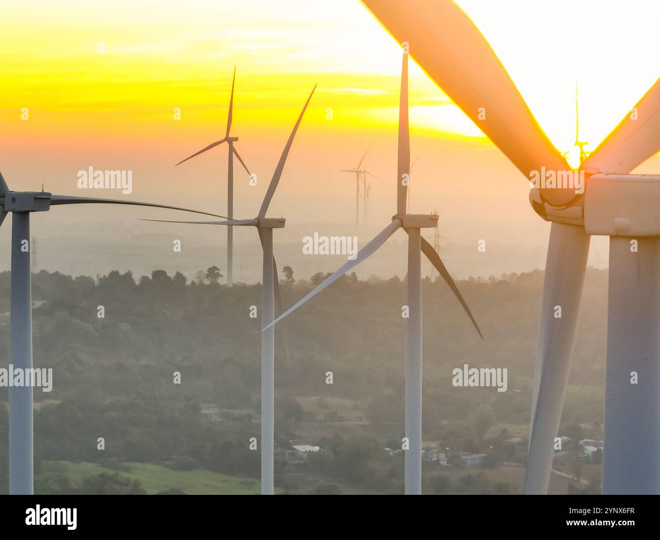 Wind farm field and sunset sky. Wind power. Sustainable, renewable ...