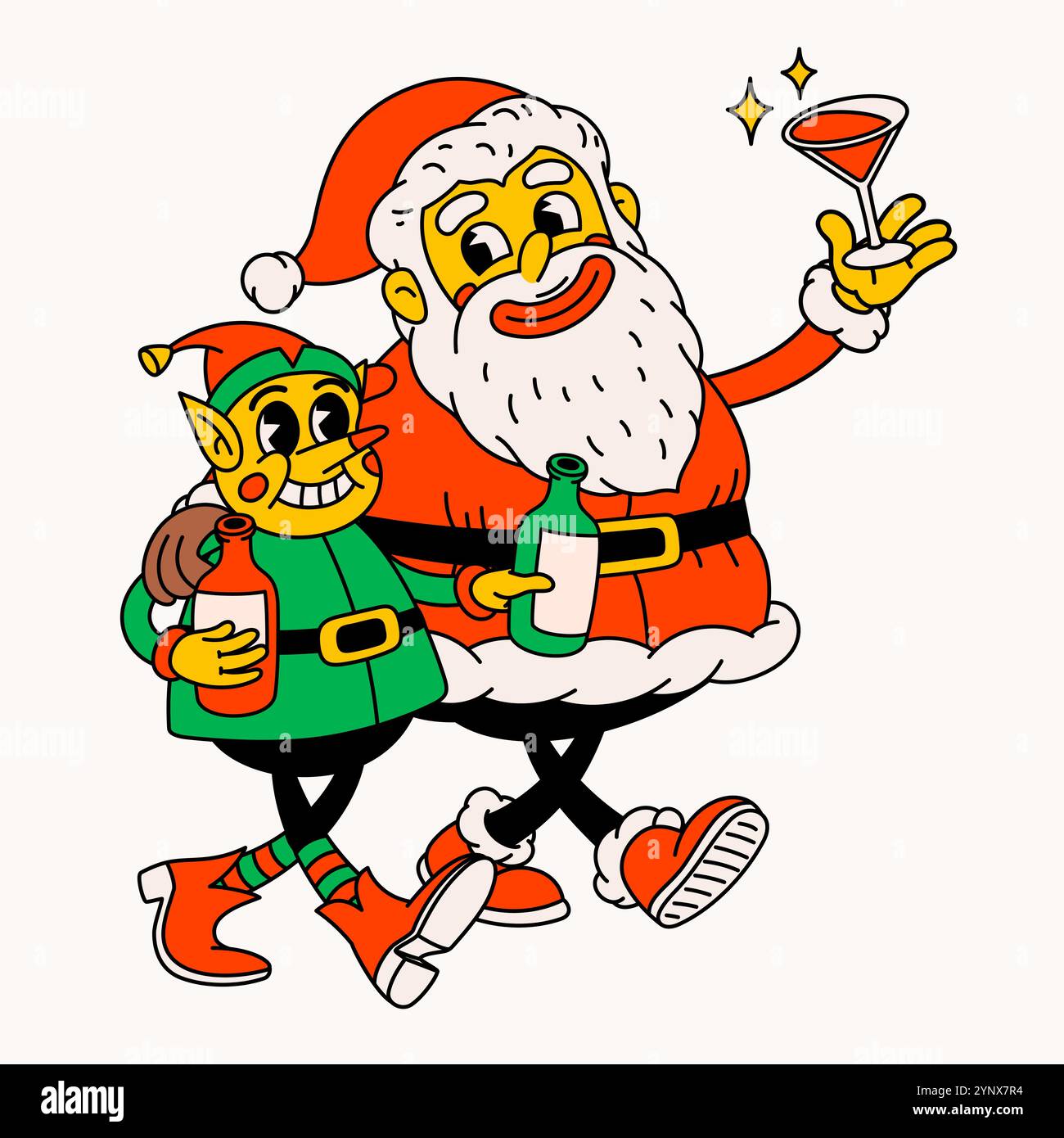 Drunk Santa Claus and elf. Groovy vintage funny Santa and elf ...