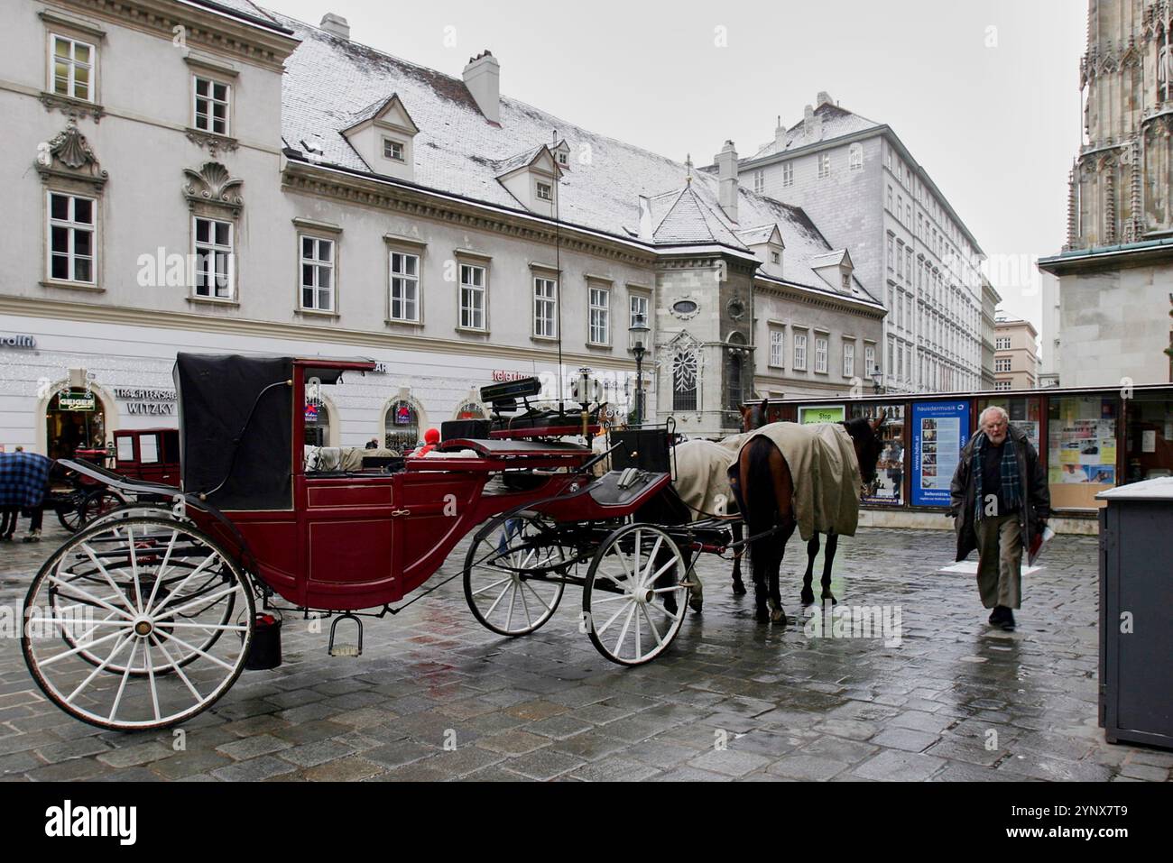 A single horse-drawn Fiacre carriage by Stephansdom waiting for tourist ...