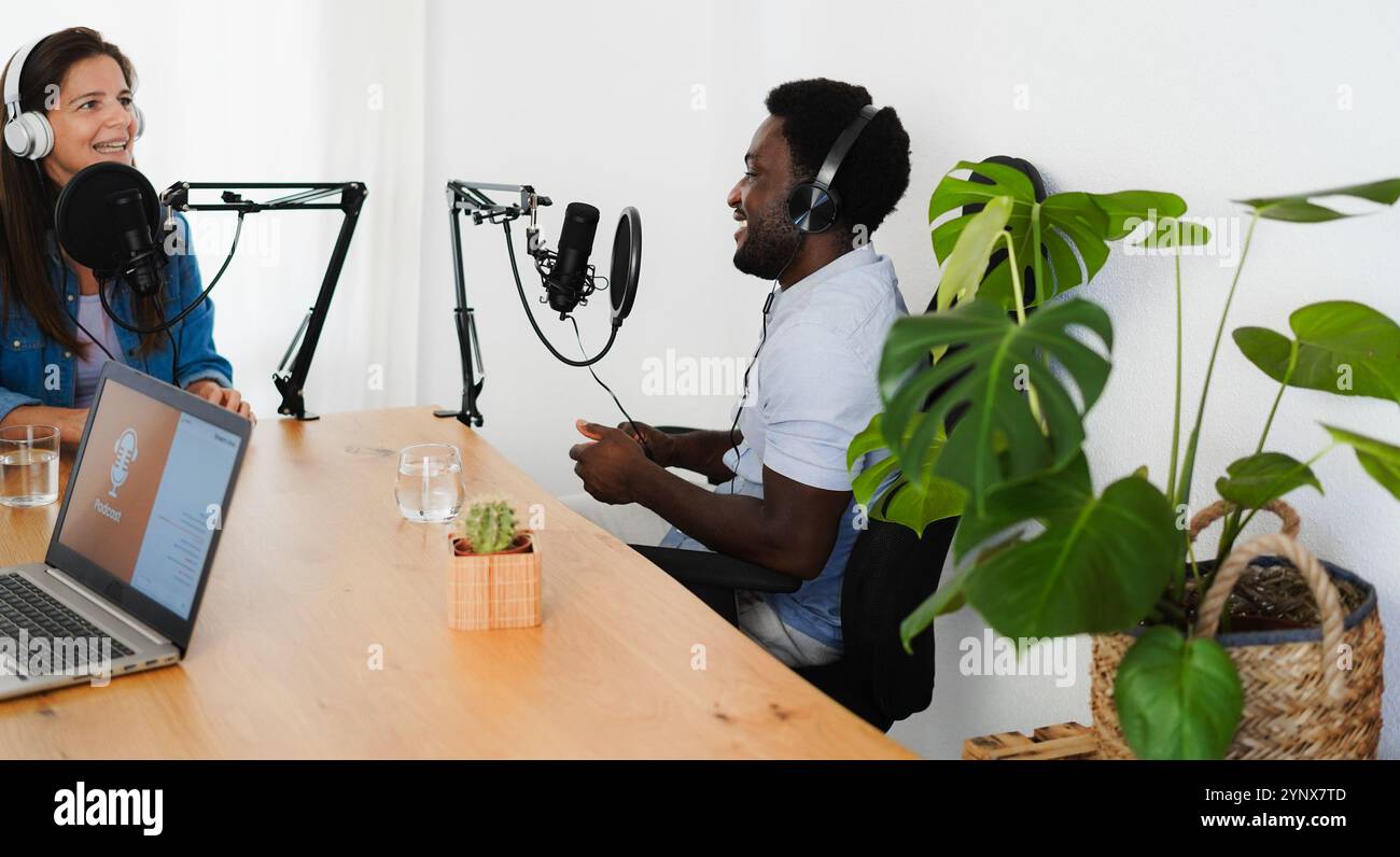Female host speaker making a podcast interview during live streaming ...