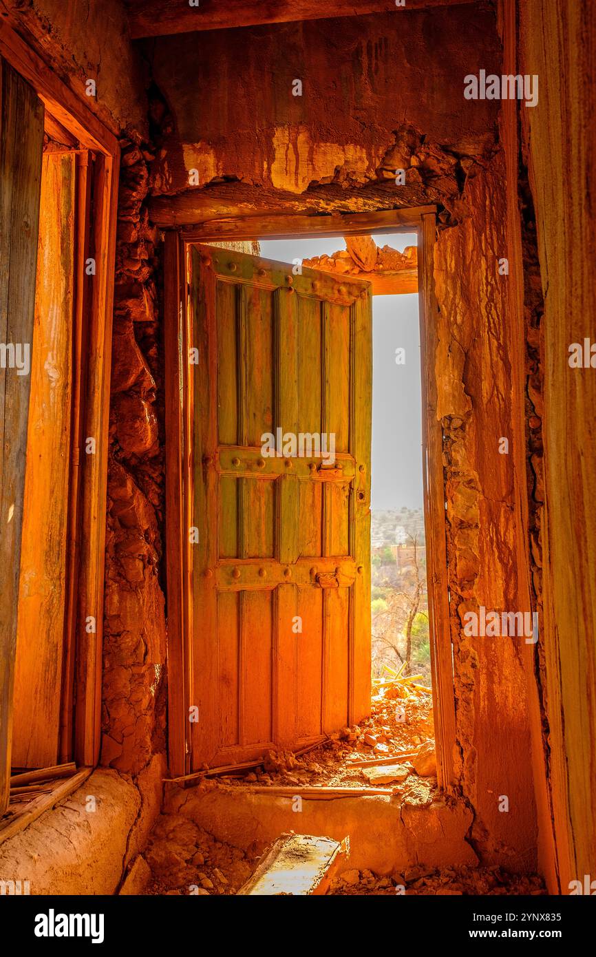old door of a derelict pise / pisé building in a Berber village in ...