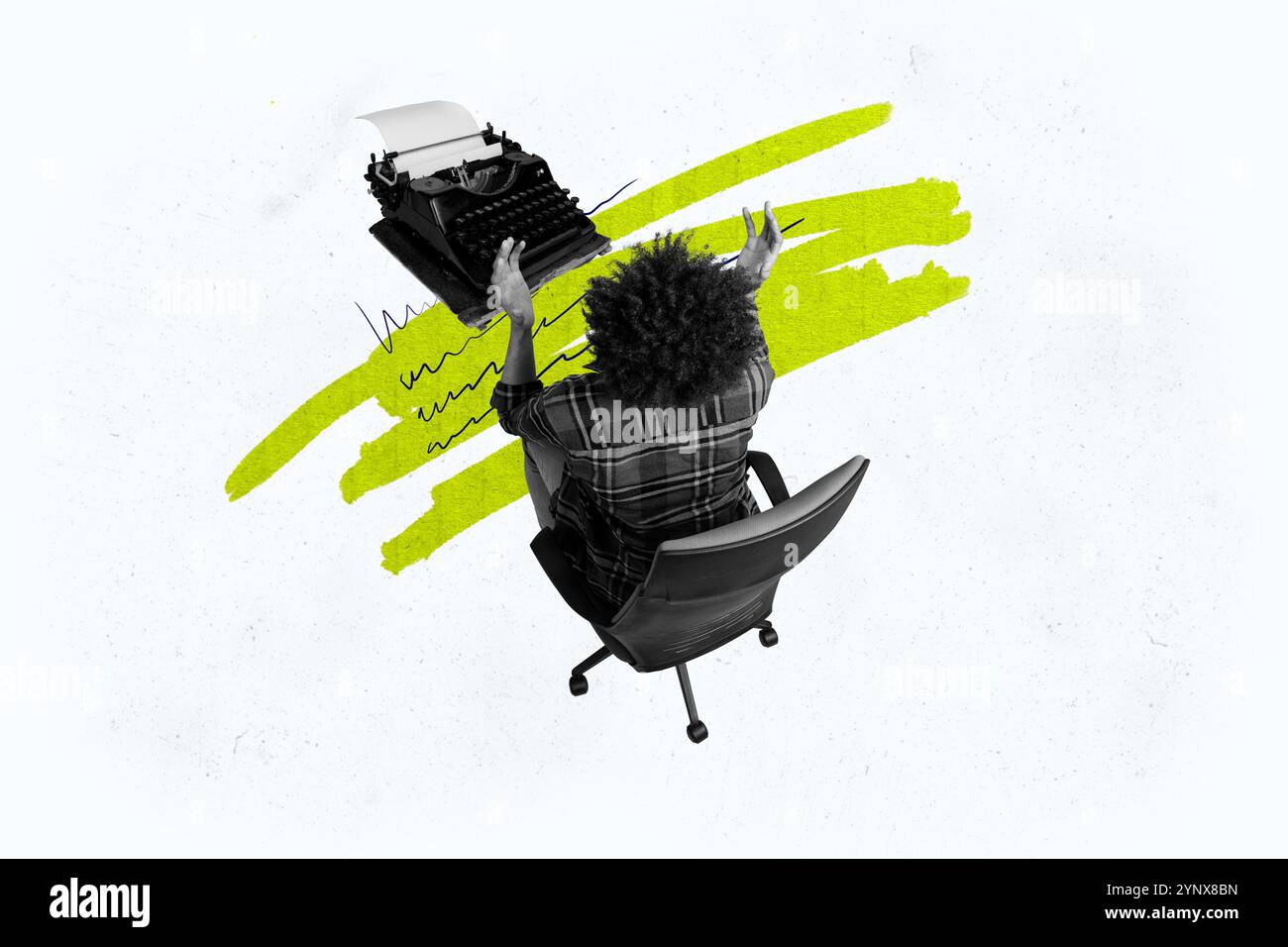 Creative trend collage of stressed female write novel typewriter weird ...