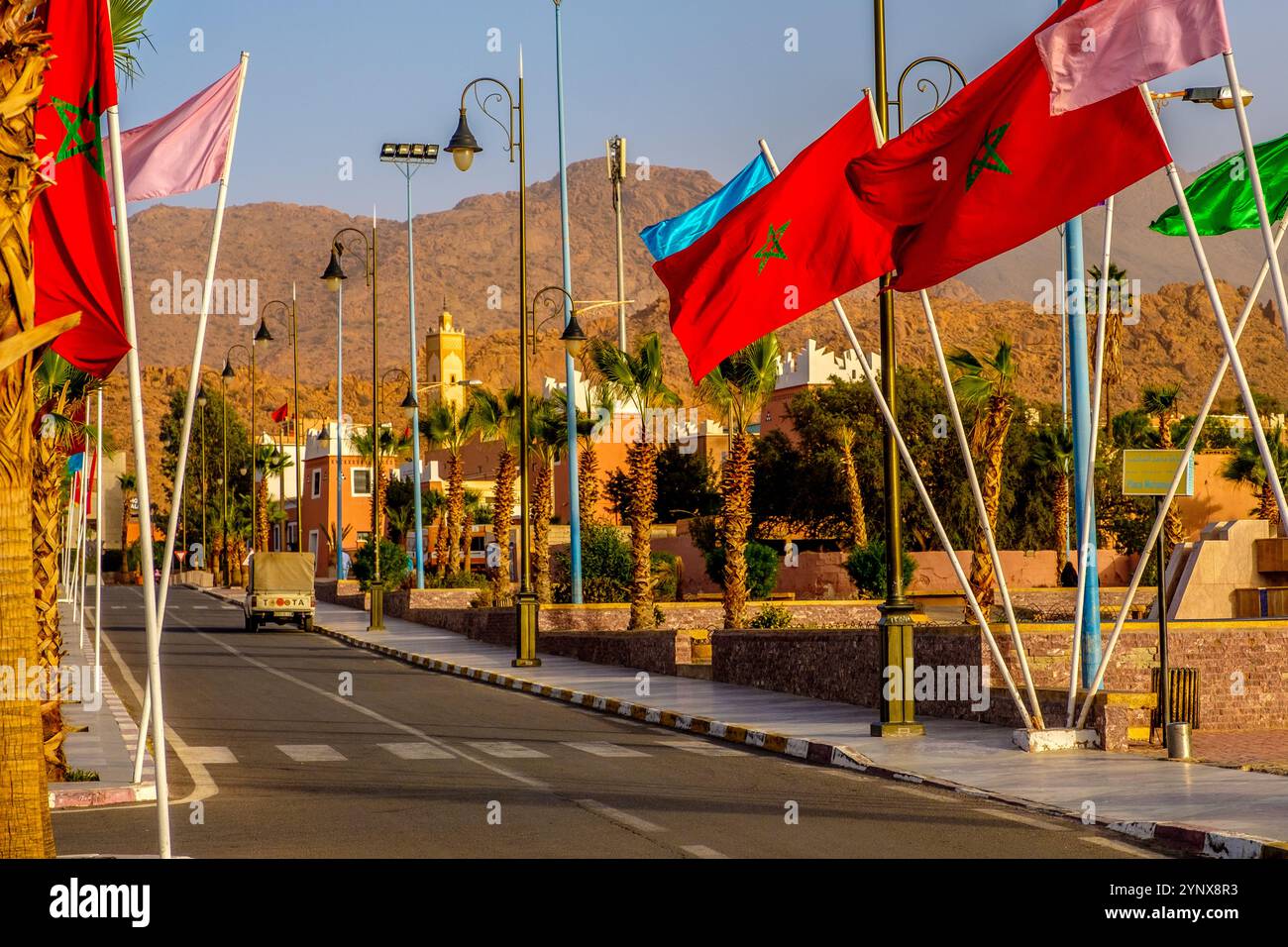 Moroccan flags in the town of Tafroute / Tafrout in the anti-atlas ...