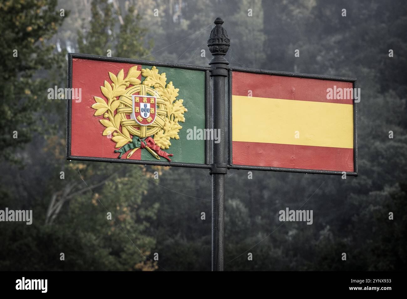 flags of Spain and Portugal, San Martin del Pedroso border post, border ...