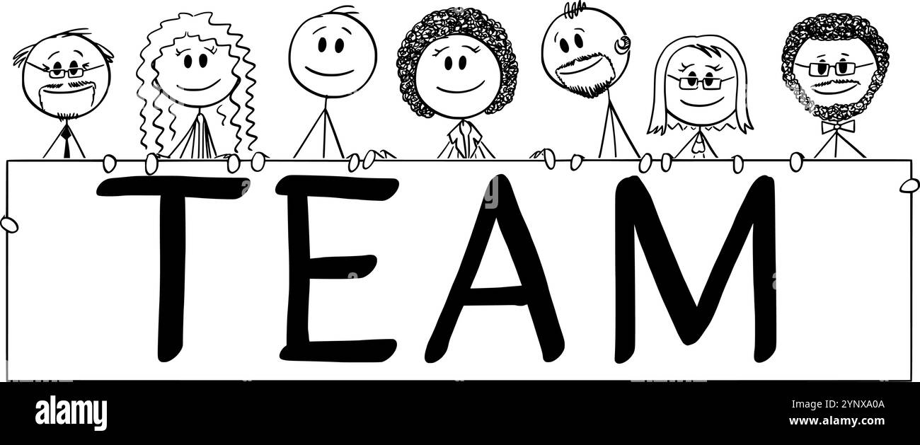 Smiling multiracial diverse team holding team sign , vector cartoon ...