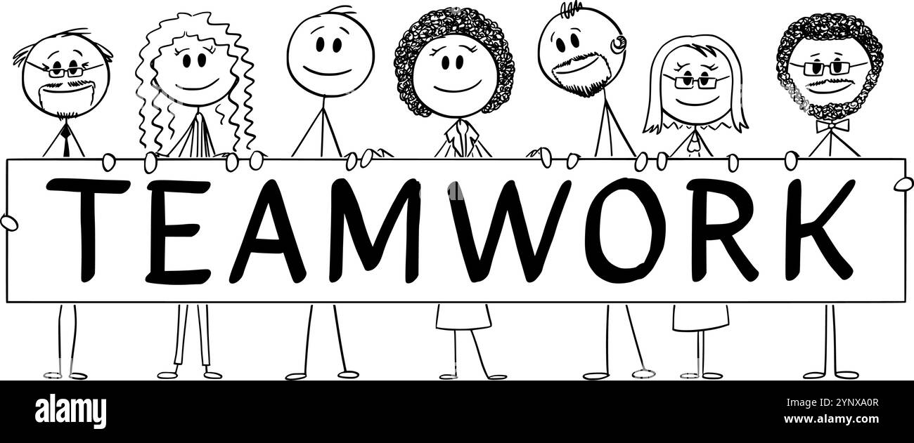Smiling multiracial diverse team holding teamwork sign , vector cartoon ...
