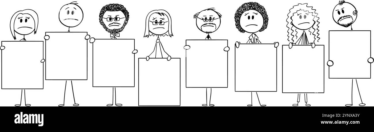 Unhappy multiracial diverse team holding empty sign , vector cartoon ...