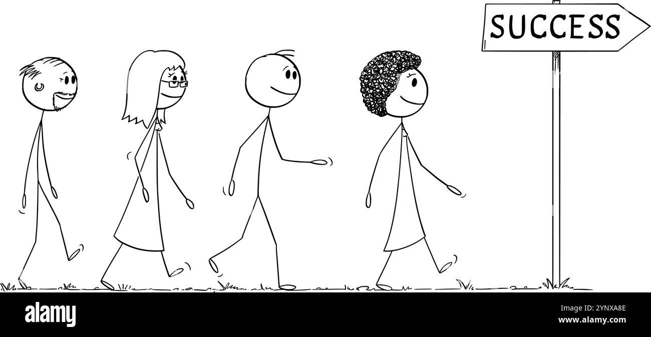 Multiracial diverse team walking following success sign , vector ...