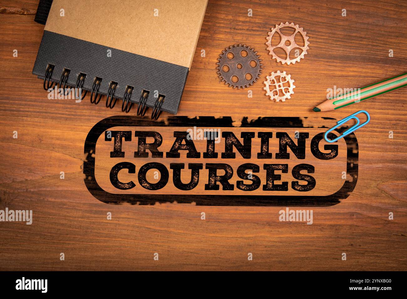 Training Courses. Stamp on wood texture background. Office desk Stock ...
