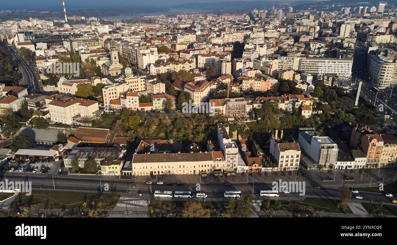 Ancient city houses in Belgrade aerial view. Densely populated urban ...