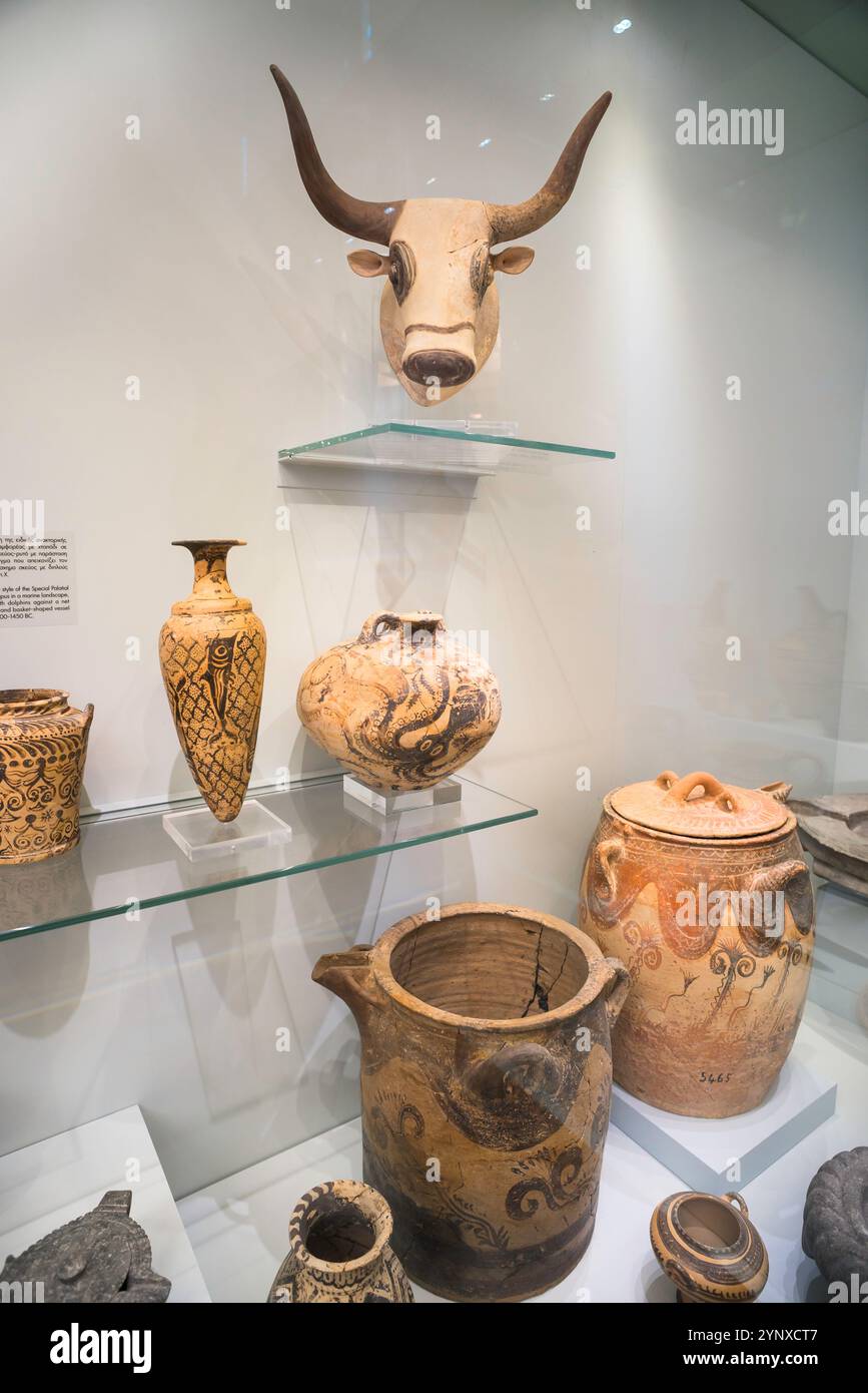 Crete museum, view of a display showing a clay bull's head and ...