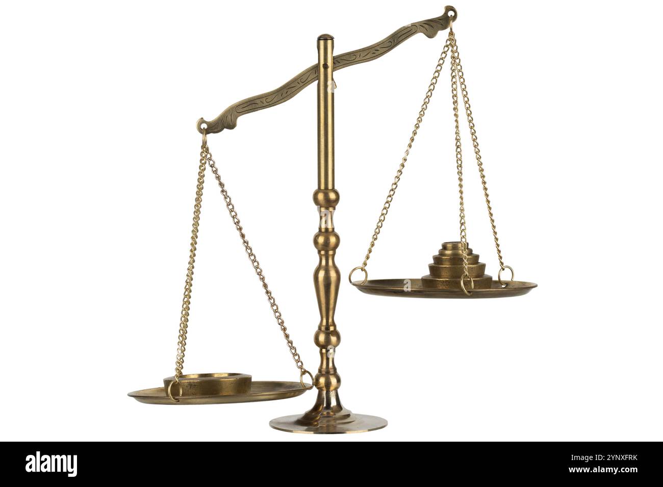 Bronze traditional balance scale with weights isolated on white ...