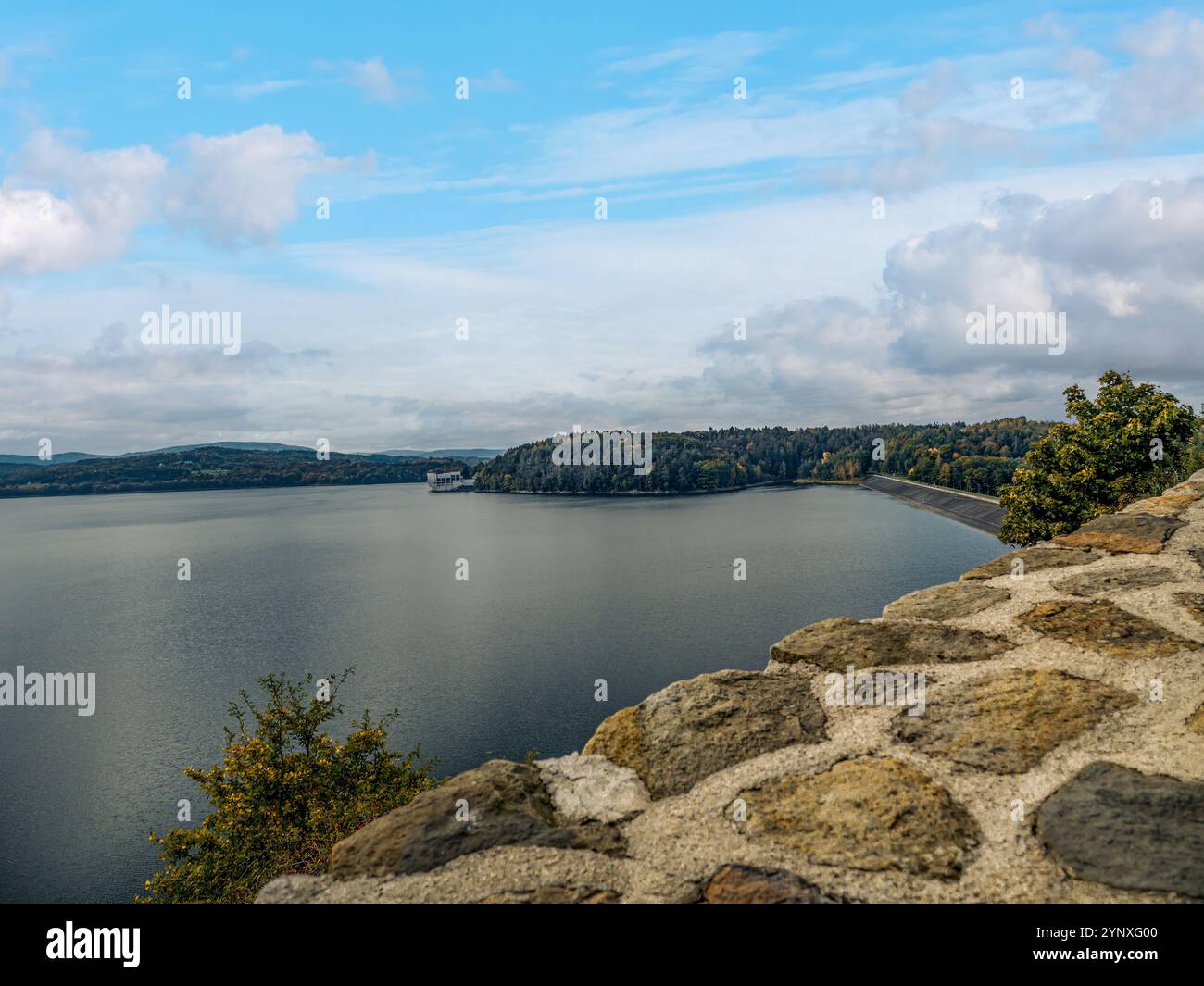 A view of Lake Dobczyce with concrete dam embankment, Poland Stock ...