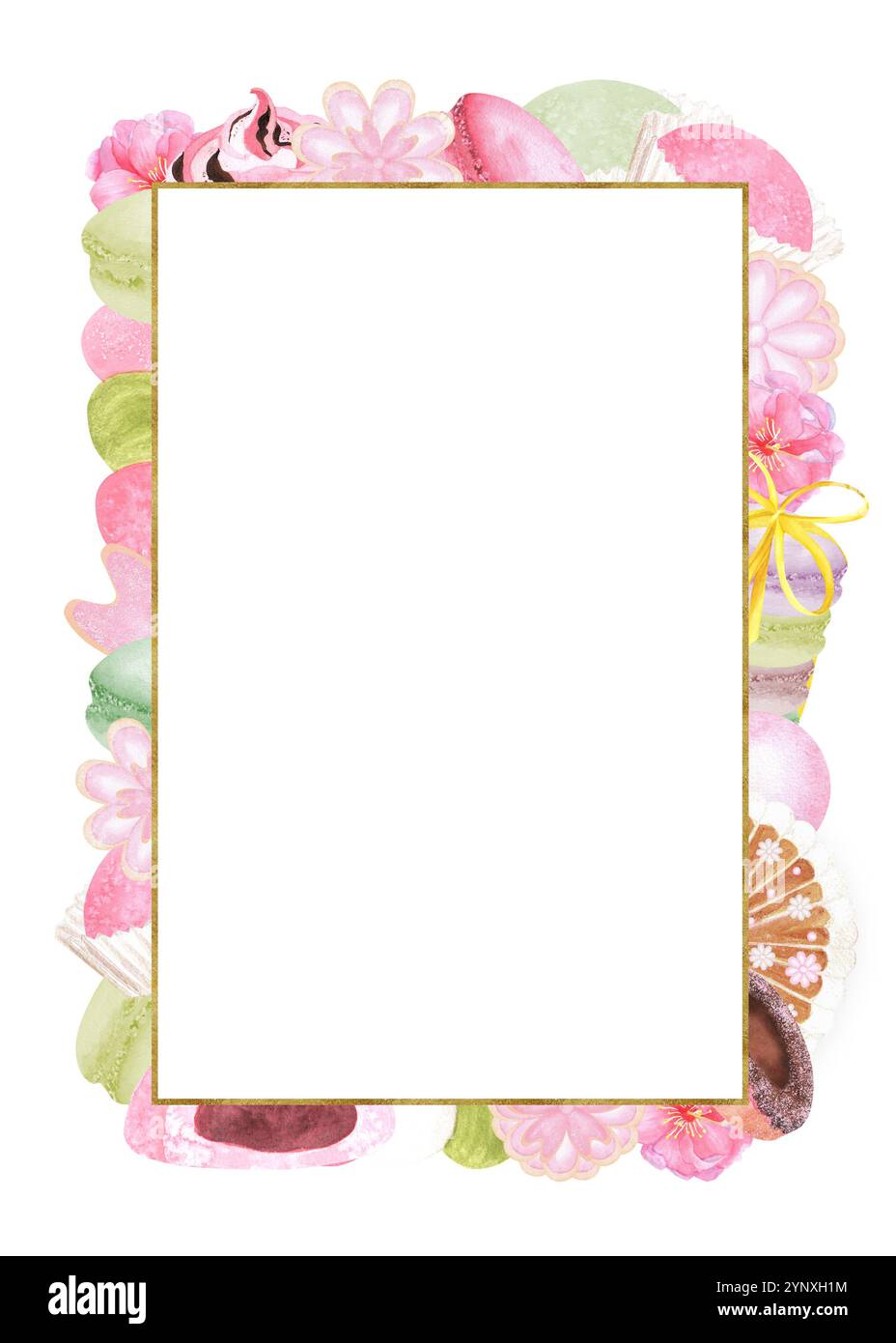 Ready-made postcard with rectangular golden frame and Sakura dessert ...