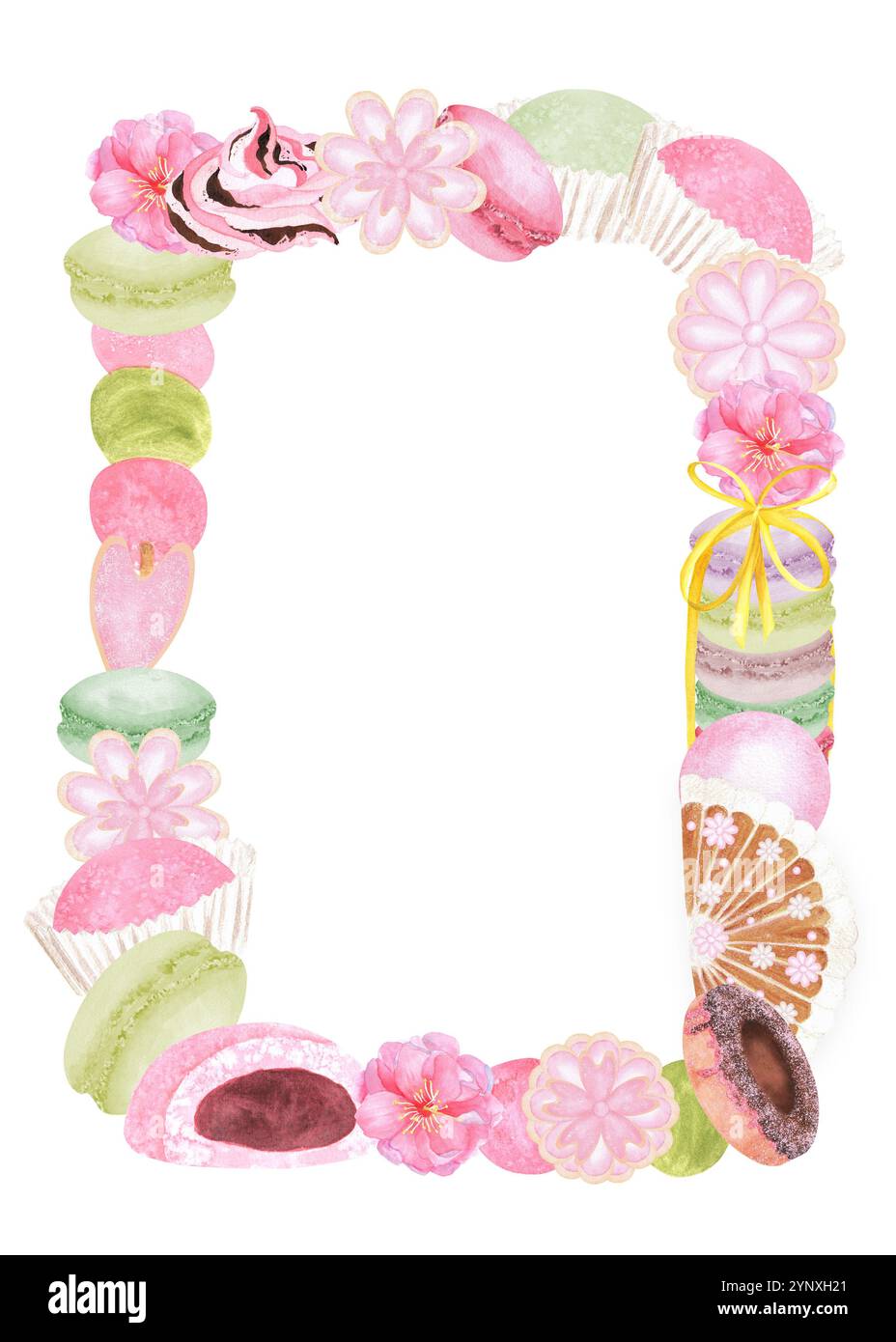 Ready-made postcard with rectangular frame and Sakura dessert. Mochi ...