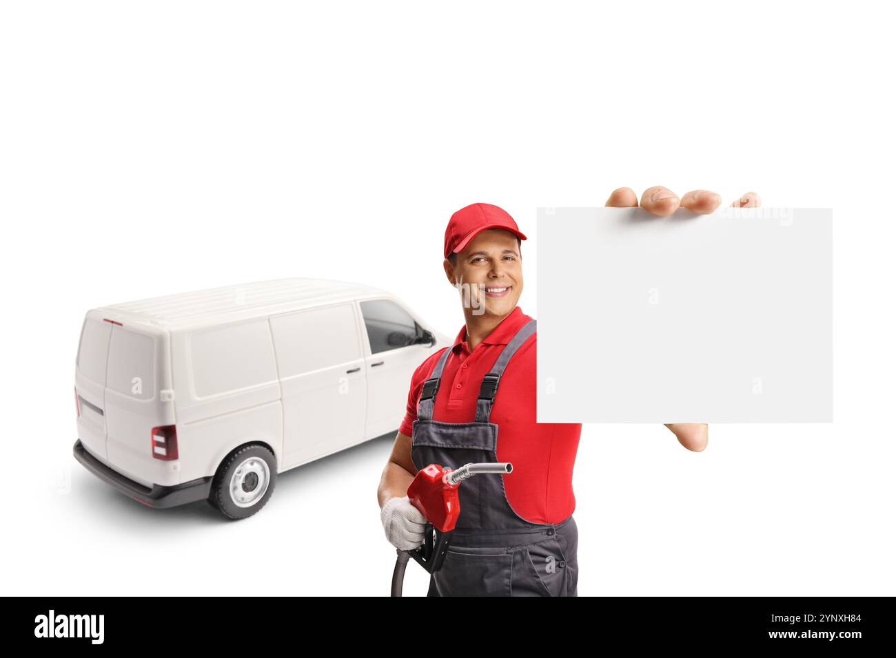 Gas station attendant holding a blank card in front of a van isolated ...