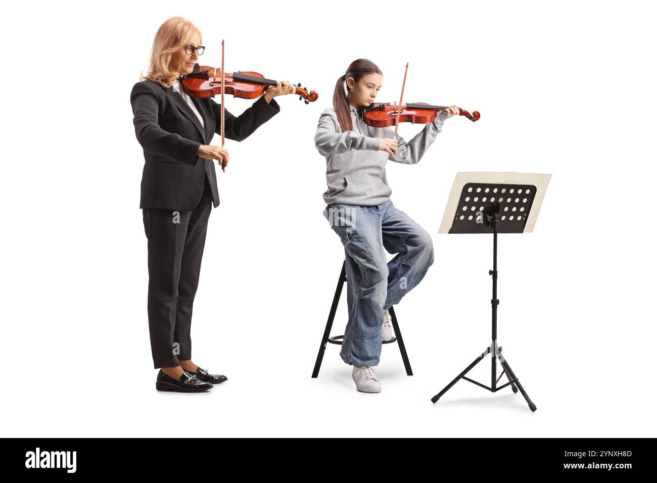 Teacher and student playing a violin isolated on white background Stock ...