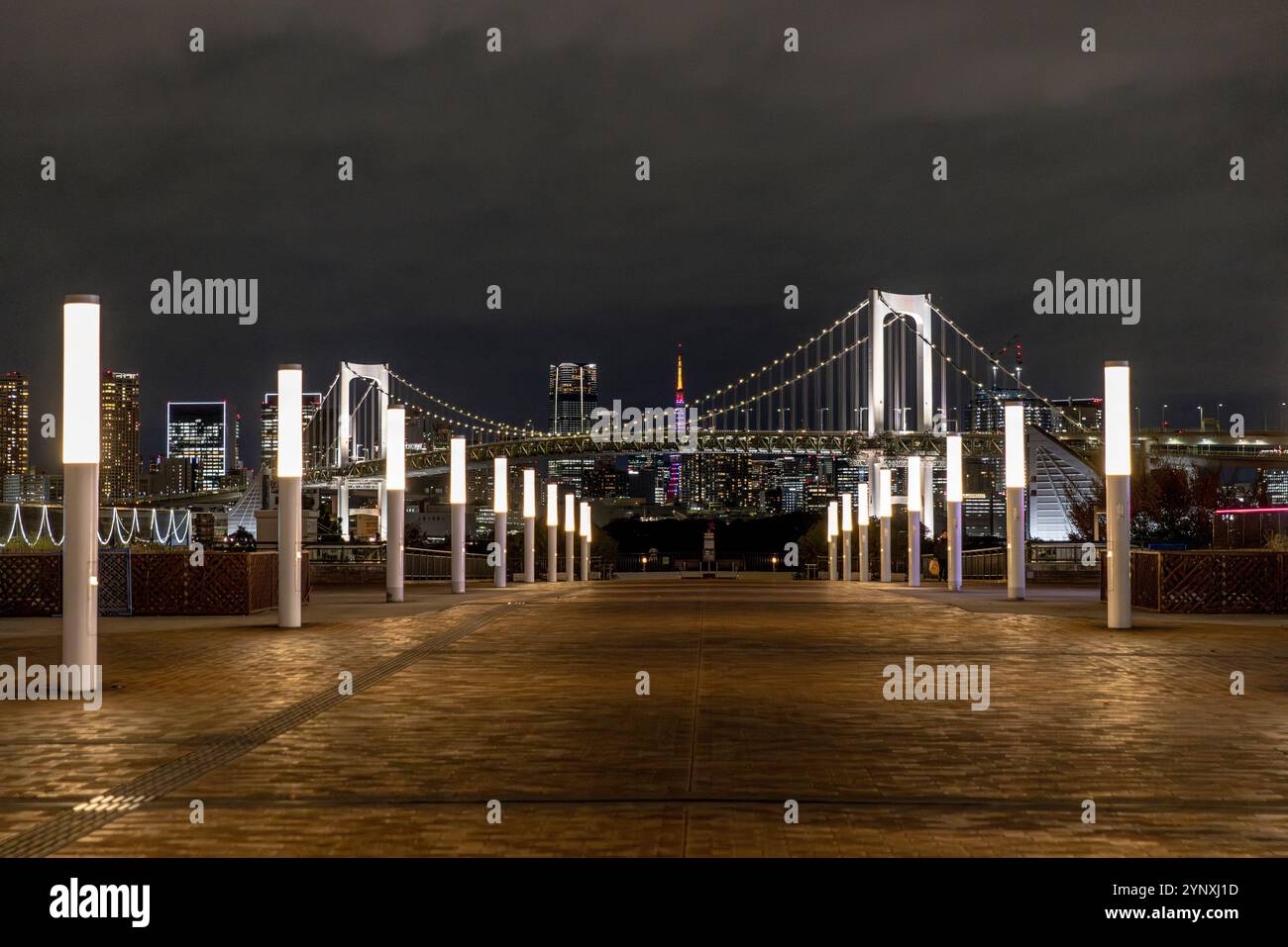 Rainbow bridge illuminating tokyo skyline at night from odaiba Stock ...