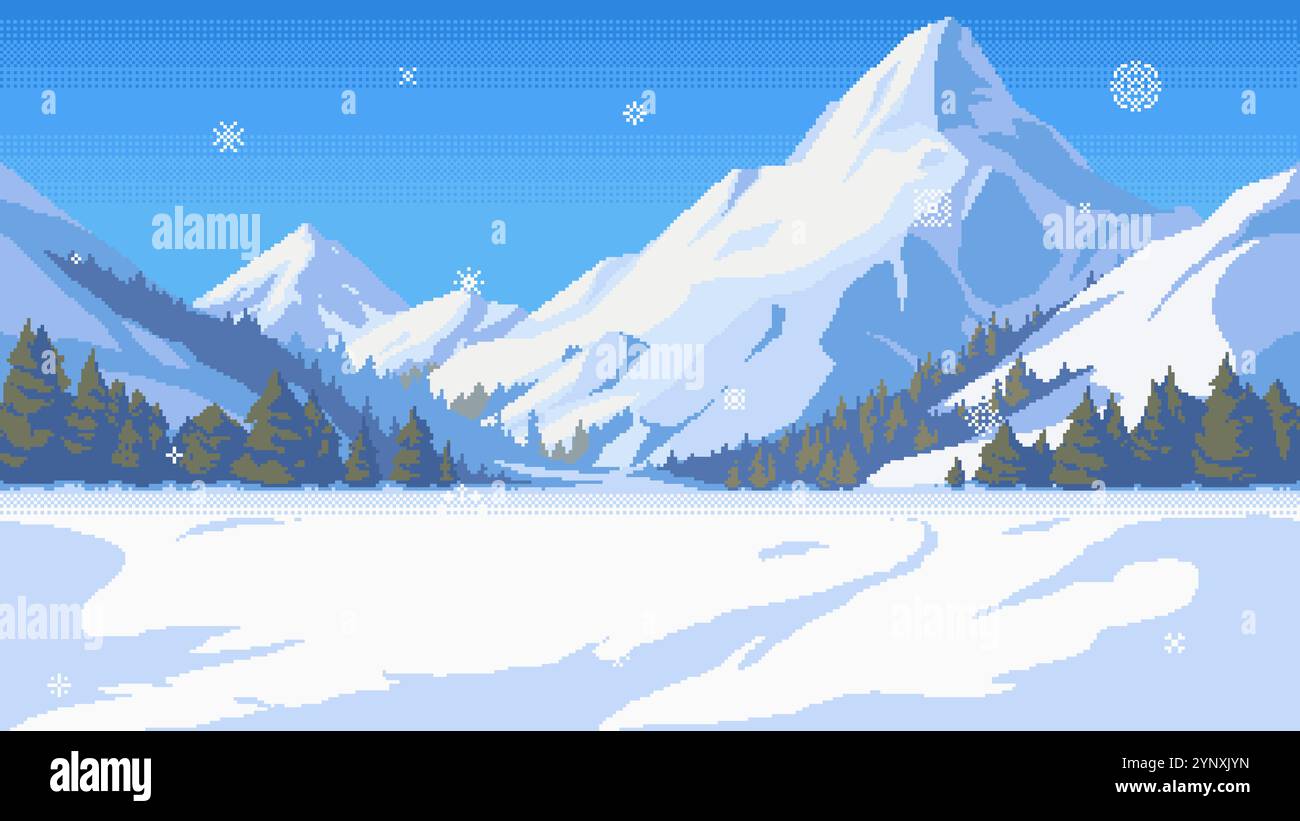 Pixel art mountains seamless background. Landscape with mountain peaks, forest and falling snow ...