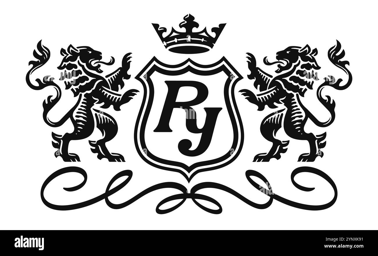 Heraldic emblem with lions, shield and crown. Royal coat of arms vector ...