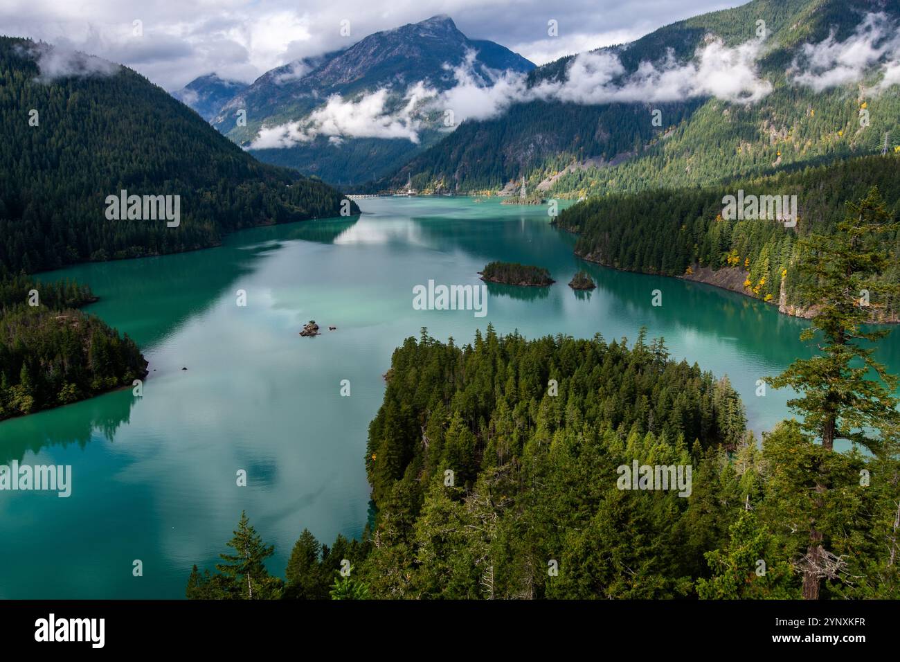 A landscape image of Diablo Lake, Ross Dam, and the Cascade mountains ...