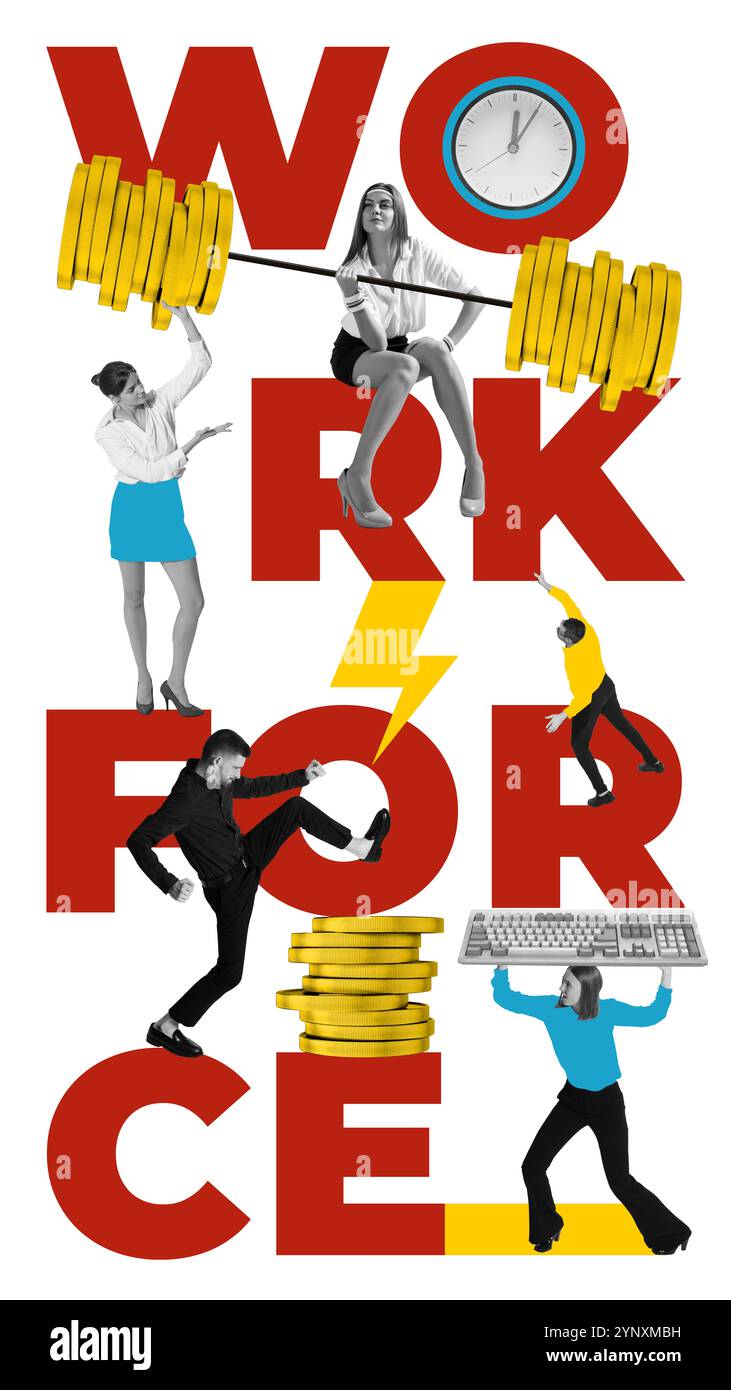 Workforce concepts with professionals, symbolic objects, and bold ...