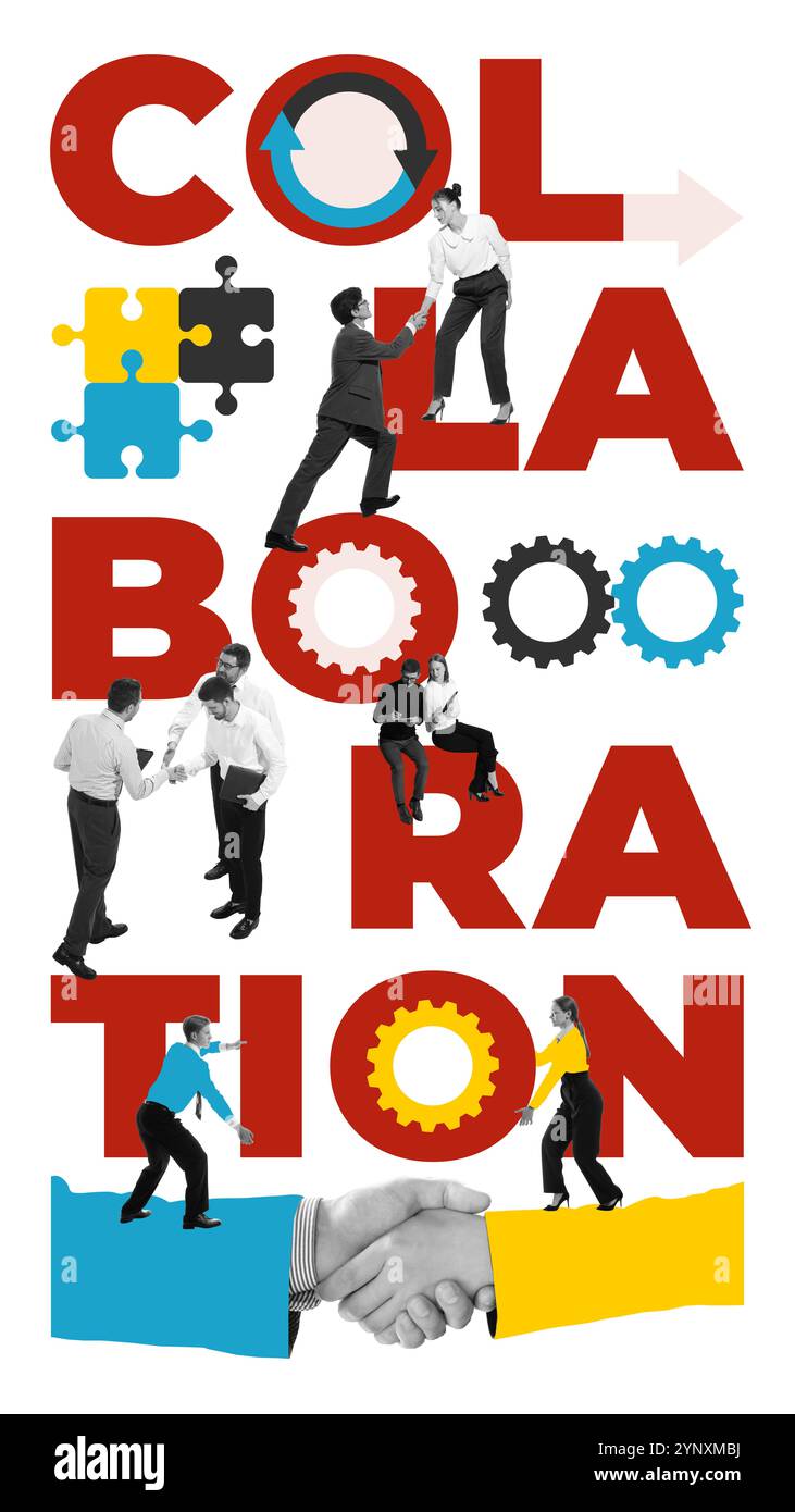 Collaboration in business with puzzle pieces, gears, and professionals ...